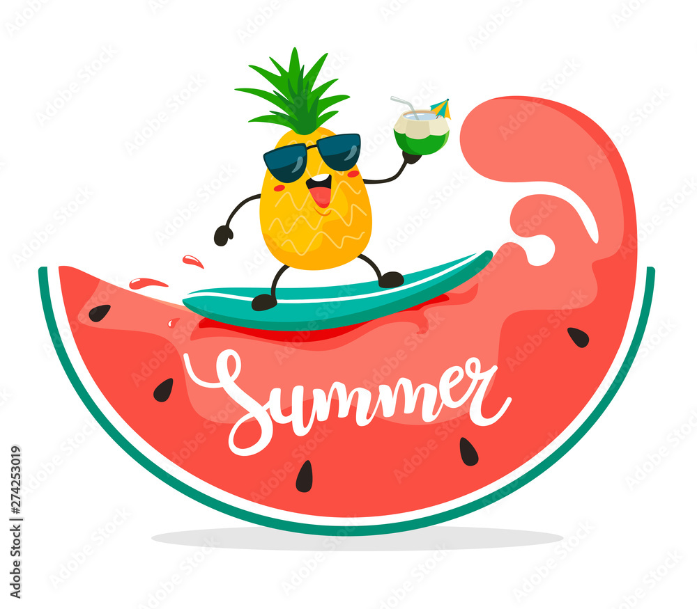 Vetor de Funny surfer pineapple rides on watermelon waves. Summer ...