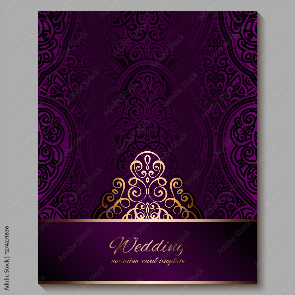 Wedding invitation card with gold shiny eastern and baroque rich ...