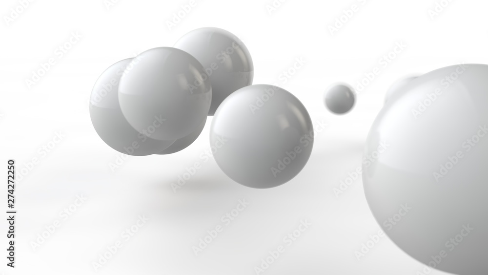 3D illustration of large and small white balls, spheres, geometric ...