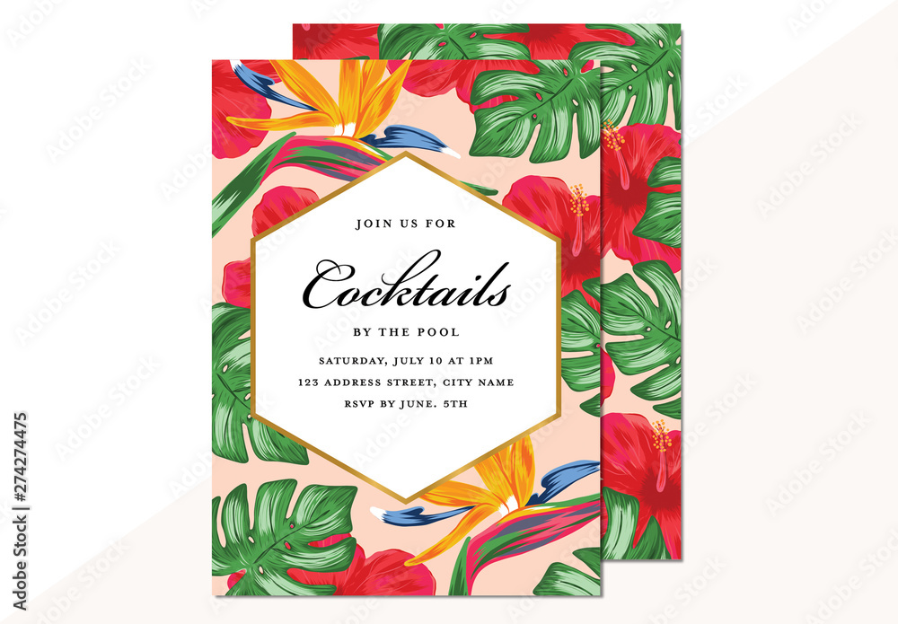 Summer Party Invitation Layout with Tropical Flower Pattern Stock ...