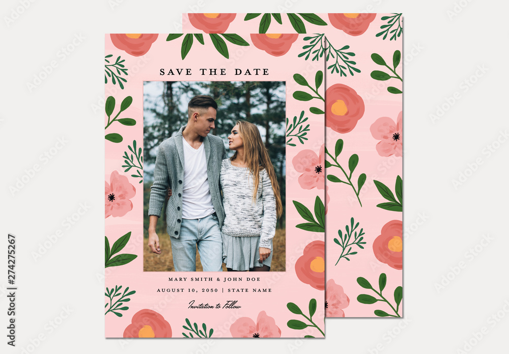 Illustrative Floral Save the Date Layout with Photo Stock Template ...