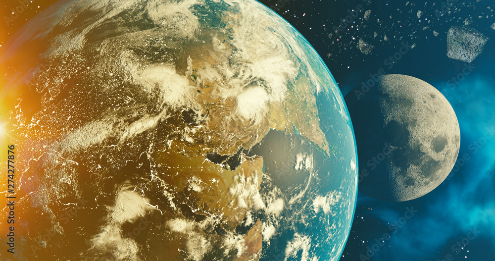 the solar system Earth and Moon planet concept over galactic background ...