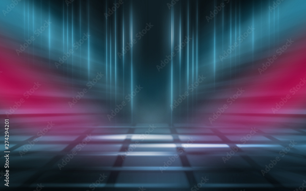 Empty background scene. Dark street reflection on wet asphalt. Rays of ...