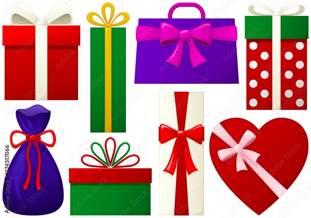 Vector illustration of several gift boxes in a variety of shapes, sizes ...
