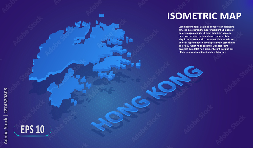 Isometric map of the HONG KONG. Stylized flat map of the country on ...