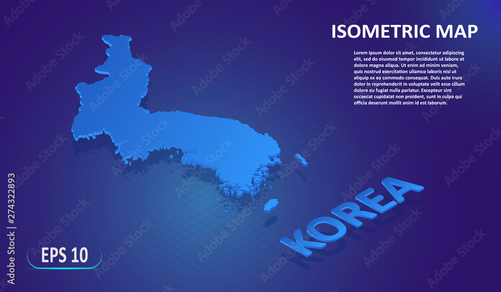 Isometric map of the KOREA. Stylized flat map of the country on blue ...
