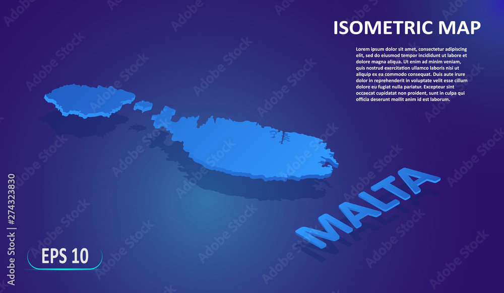 Isometric map of the MALTA. Stylized flat map of the country on blue ...