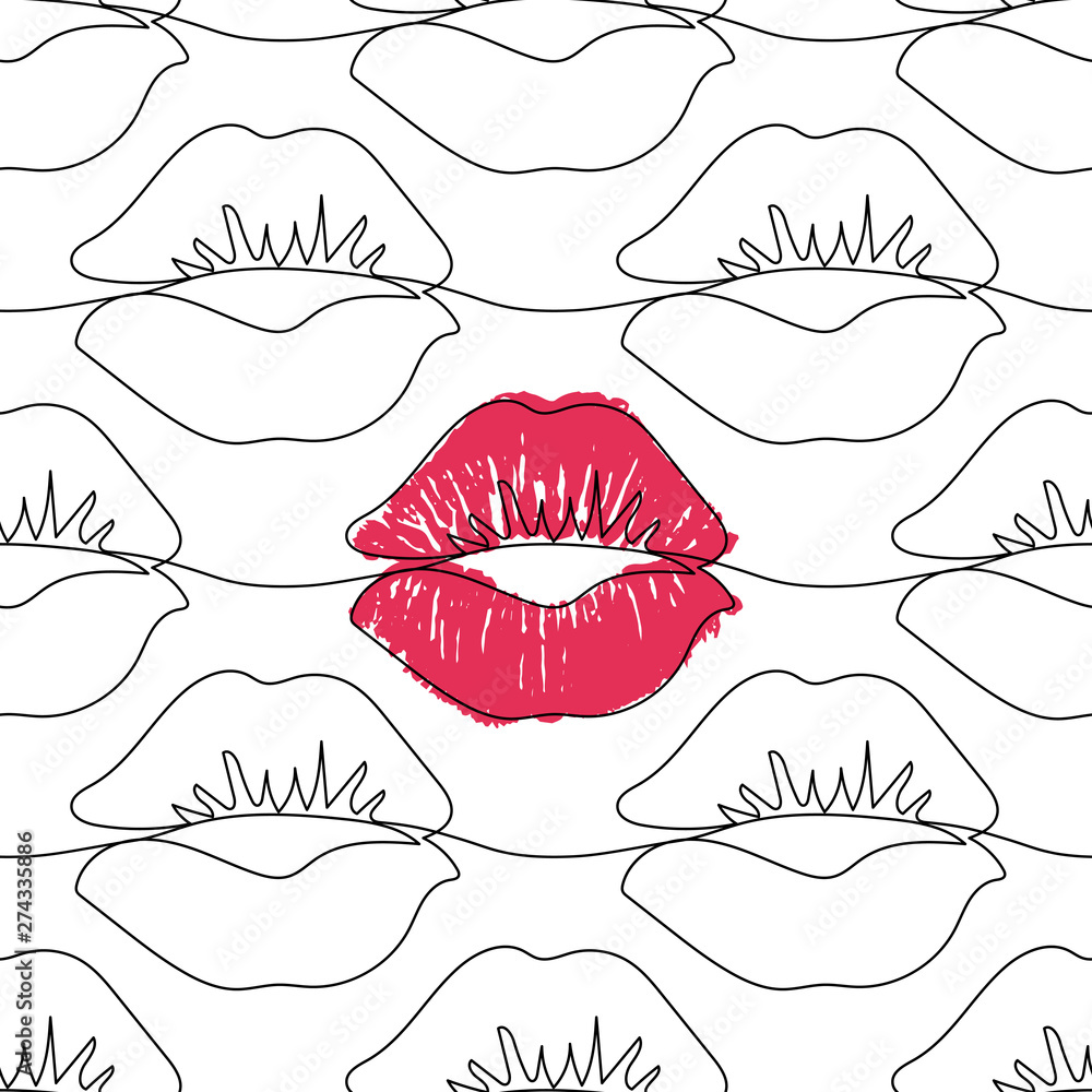 Seamless pattern with one line lips isolated on white. Female red ...