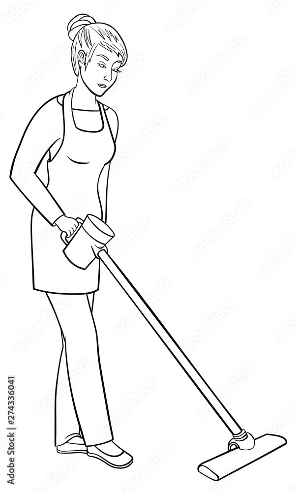 Girl cleaner cleans with a vacuum cleaner. Young woman in an apron ...