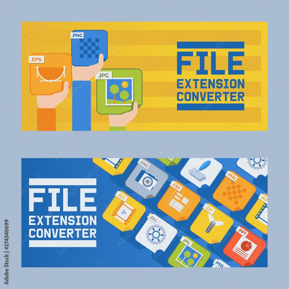 File extension converter set of banners vector illustration. Audio ...