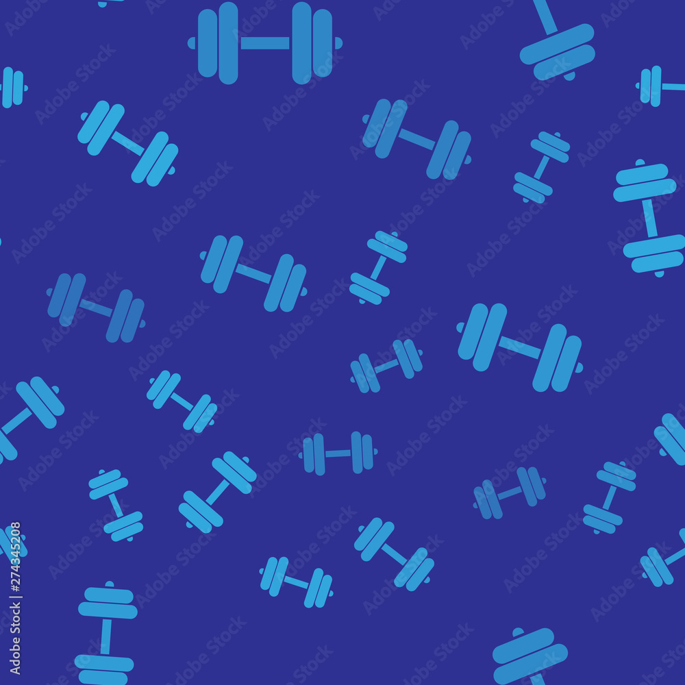 Blue Dumbbell icon isolated seamless pattern on blue background. Muscle ...
