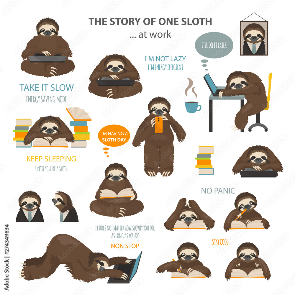 The story of one sloth. At work, study. Funny cartoon sloths in ...
