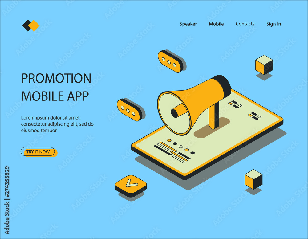 Isometric image on blue background of mobile app promotion ...