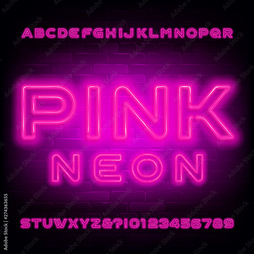 Pink neon alphabet font. Light bulb retro letters and numbers on a ...