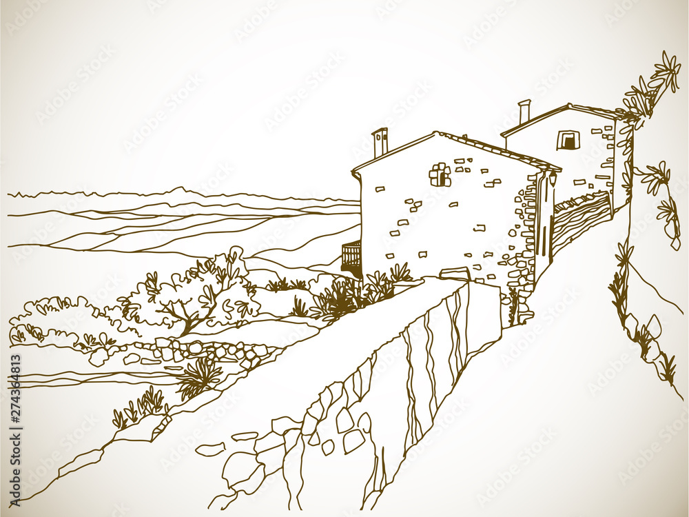 Old street in romantic Provence, France. Urban landscape in hand drawn ...