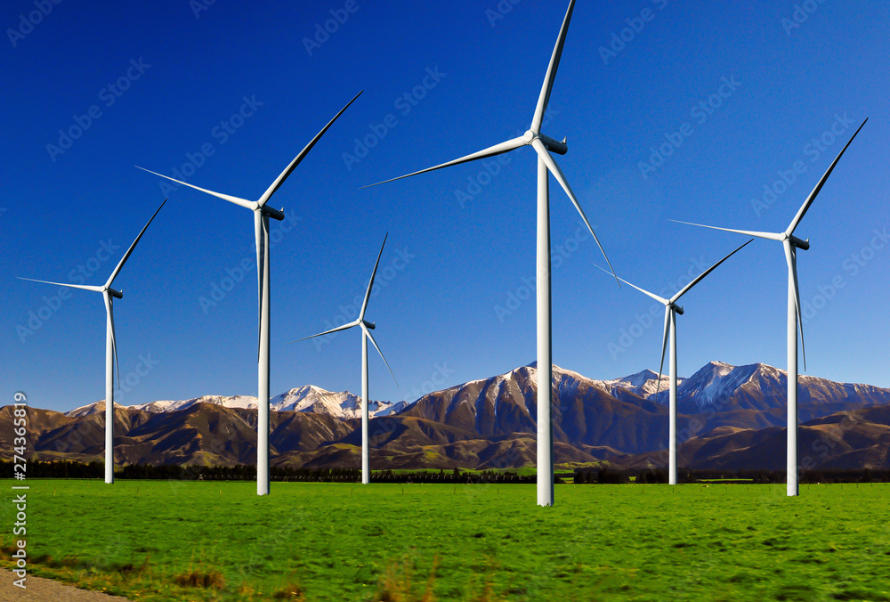 Wind turbine farm power generator in beautiful nature landscape for ...