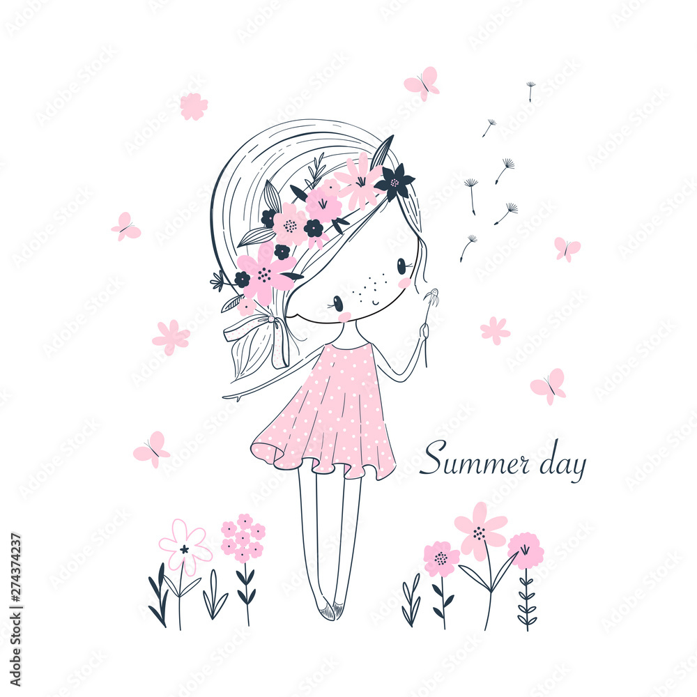 Cute little cartoon girl white flowers. Childish vector isolated ...