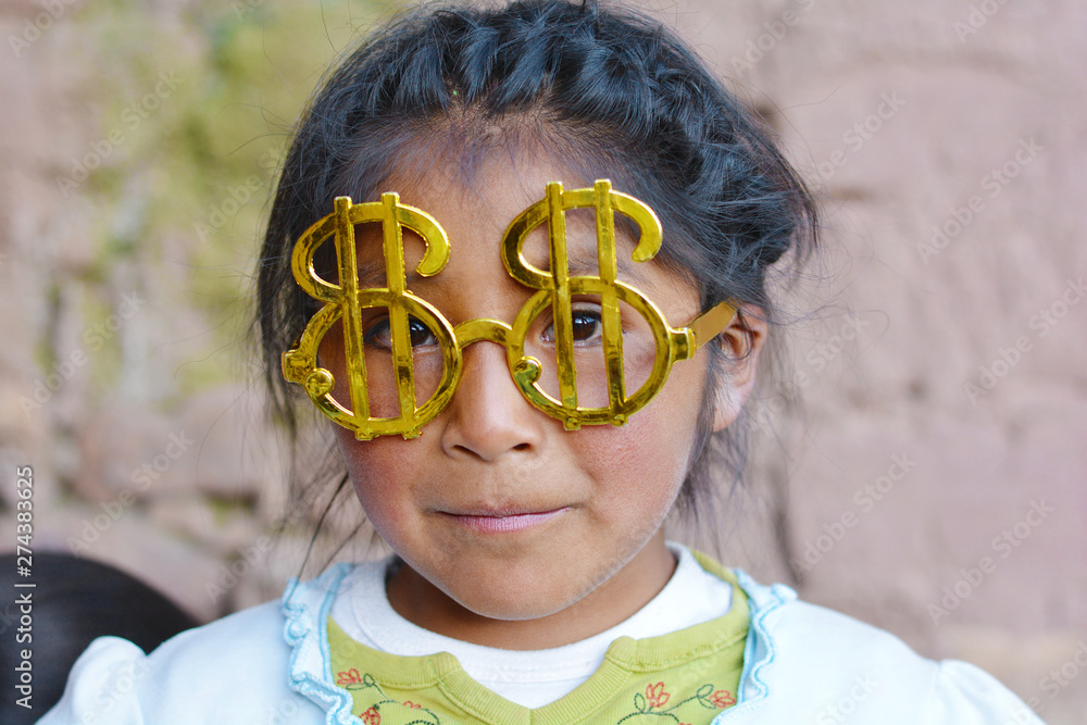 Foto de Sad native american girl wearing glasses in form of dollar. do ...