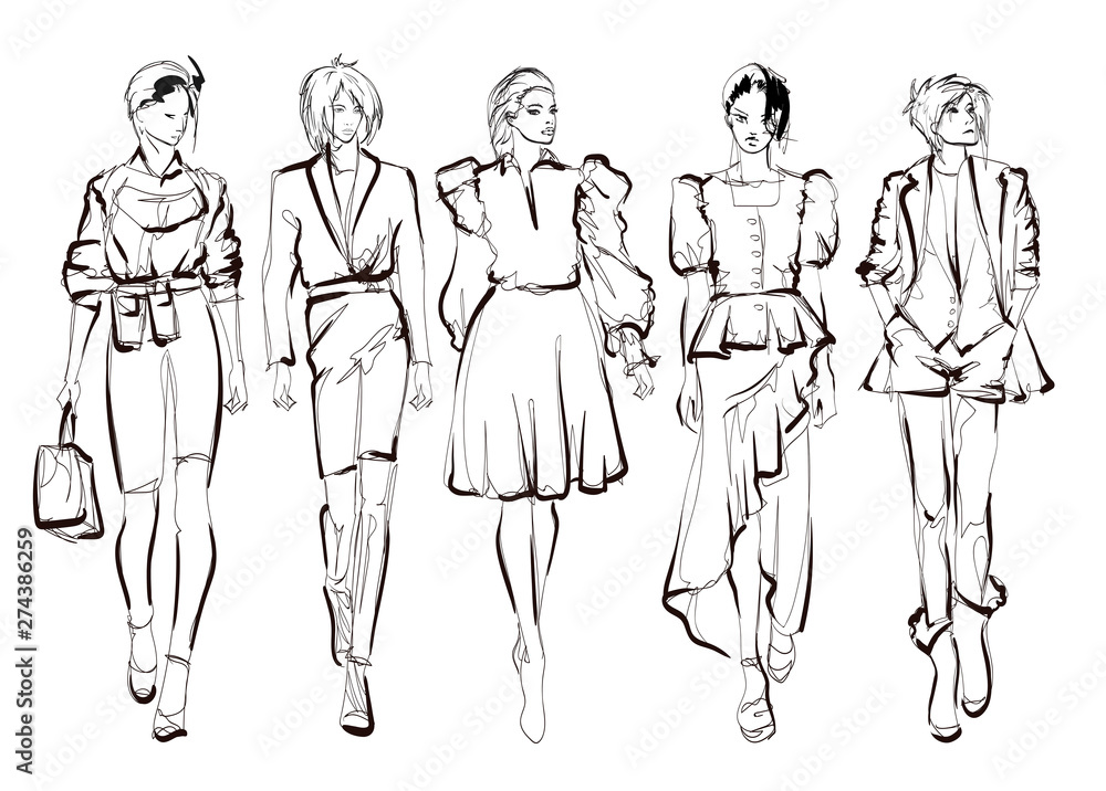 Fashion Models Sketch Hand Drawn Stylized Silhouettes Isolated Vector