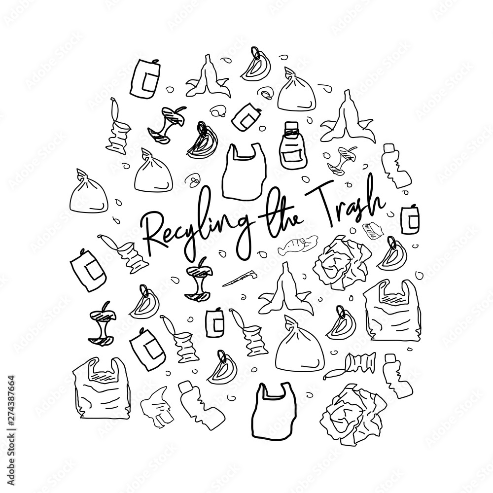 doodle illustration of plastic waste that damages the marine ecosystem ...