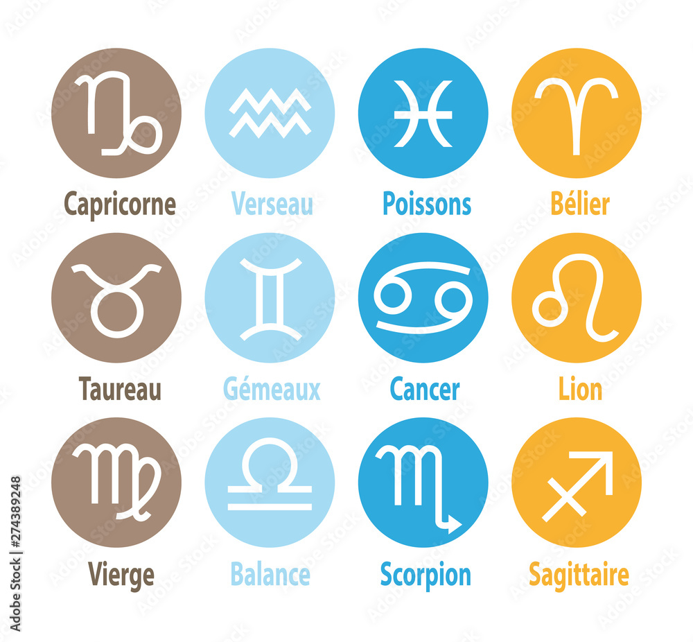 Vetor de 12 signes astrologiques. Set d'icônes du zodiaque. Texte en ...