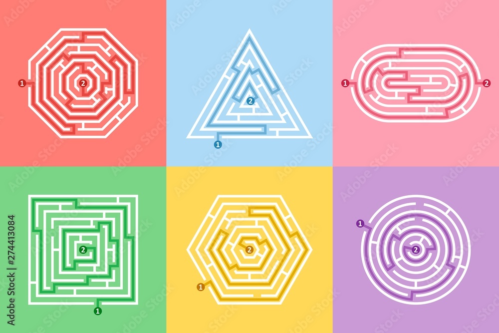 Labyrinth different shapes game and maze fun puzzle set. Maze square ...