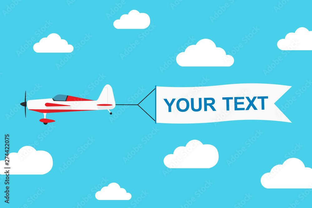 Flying advertising banner pulled by light aircraft in flat style vector ...