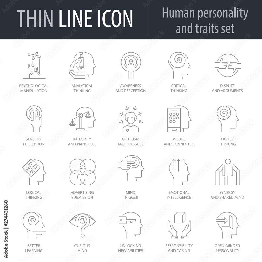 Icons Set of Human Personality And Traits. Symbol of Intelligent Thin ...