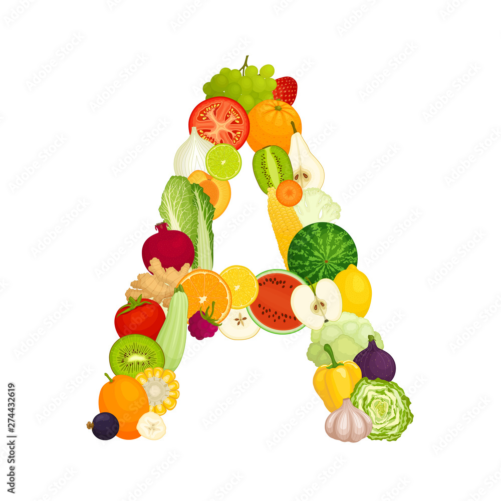 Letter A made from vegetables and fruits. Vector illustration in ...
