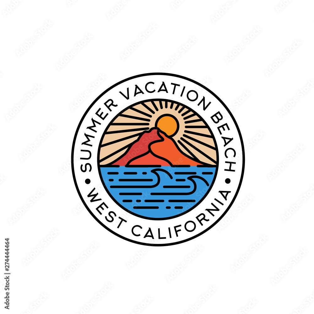 Colored beach with mountain and sun line art illustration circle badge ...
