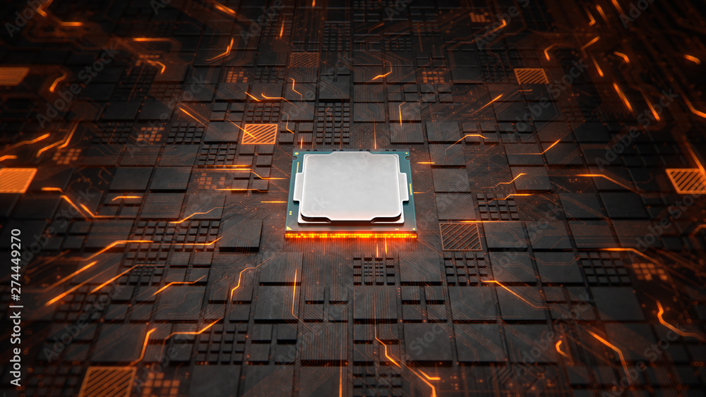 Abstract Motherboard circuit with CPU, microchips and animated electric ...