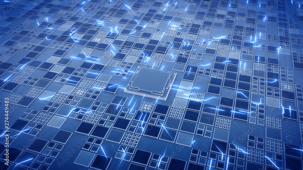 Abstract Motherboard circuit with CPU, microchips and animated electric ...