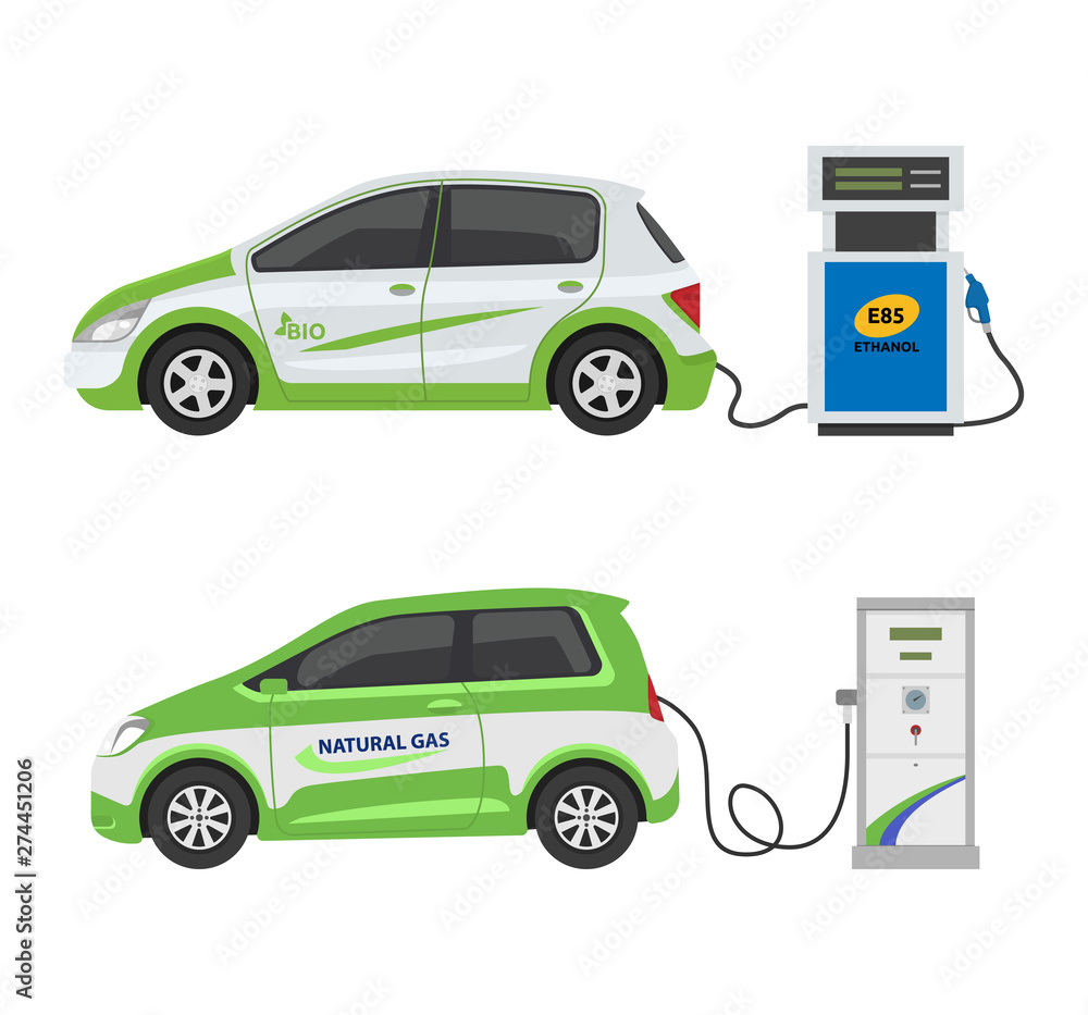 Fuel alternative vehicle vector team-car or gas-truck and solar-van or ...
