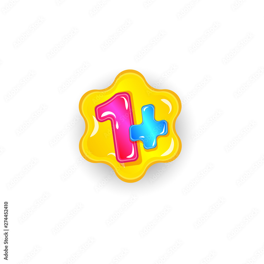 1+ one plus sign - isolated child age restriction sticker label with ...