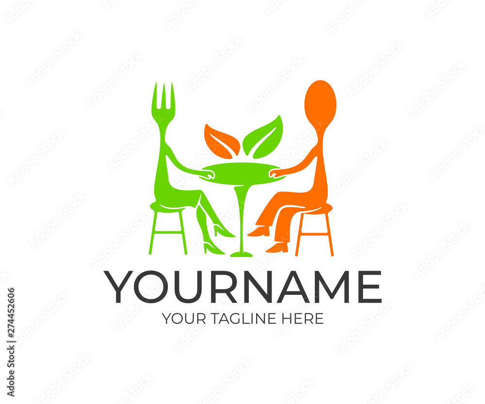 Fork and spoon cartoon character, sitting at the table in a restaurant ...