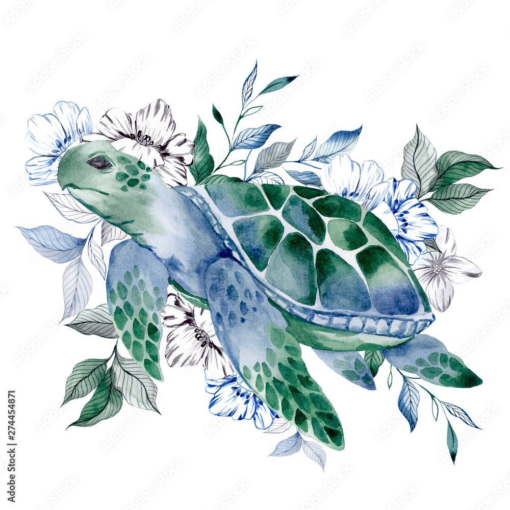 Watercolor illustration with pretty turtles, flowers and leaves ...