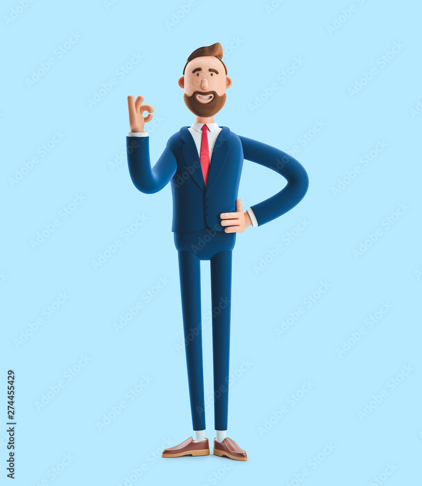 Cartoon character businessman Billy shows okay or OK gesture. 3d ...
