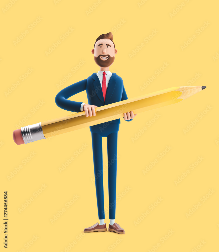 Cartoon character Billy with a big pencil. 3d illustration on yellow ...