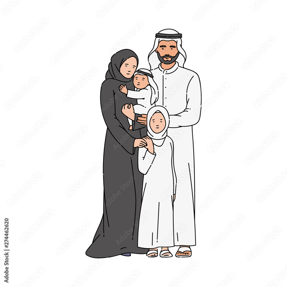 Muslim family with father, mother and child the sketch vector ...