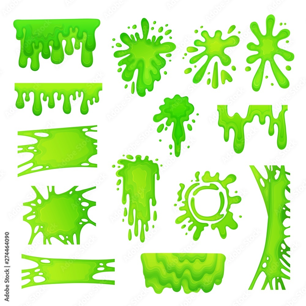 Set of green slime drops and blots cartoon vector illustration isolated ...