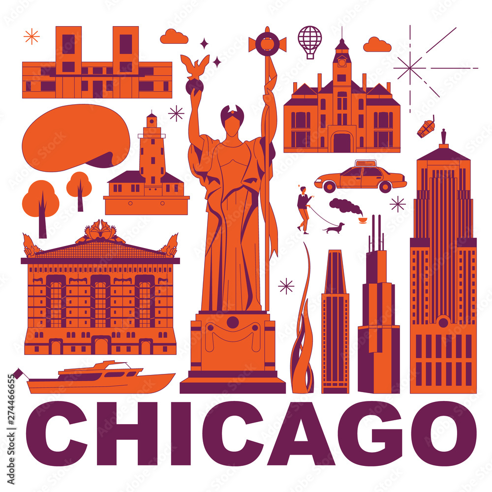 Vetor de Chicago culture travel set, famous architectures and ...