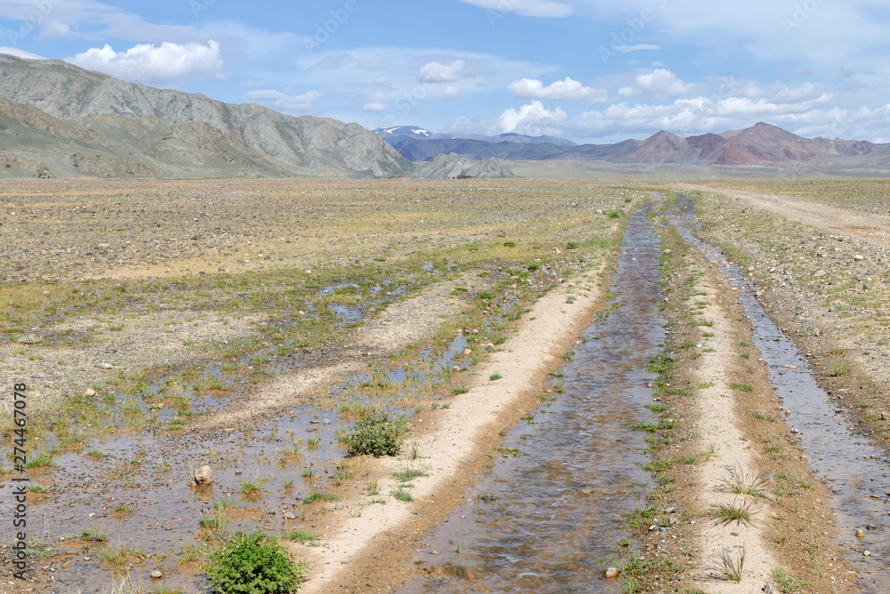 Western Mongolia steppe landscape. Stream flowing along the road ...