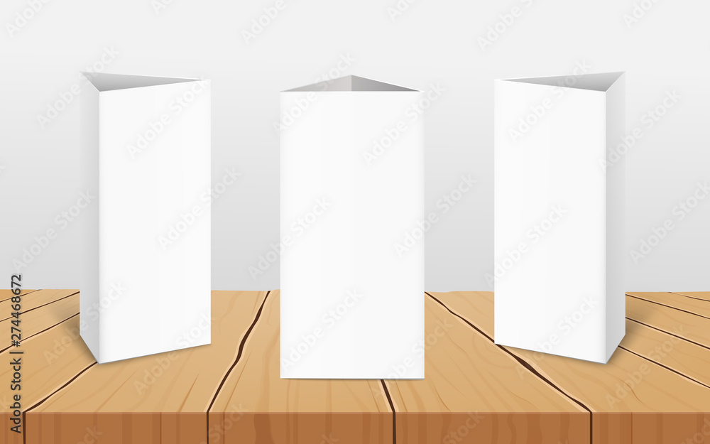 Set of three blank vertical table tent cards realistic vector mockup ...