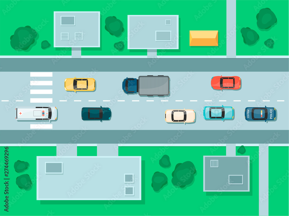 Road top view with highways many different vehicles. Map of cars ...