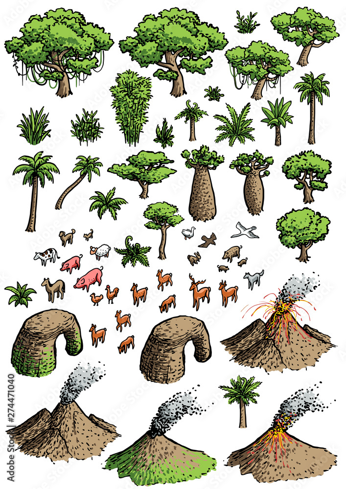 Map elements illustration, drawing, engraving, ink, line art, vector ...