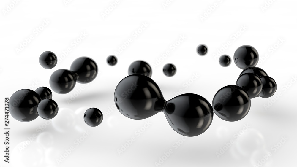 3D illustration of amorphous black drops of different shapes in space ...