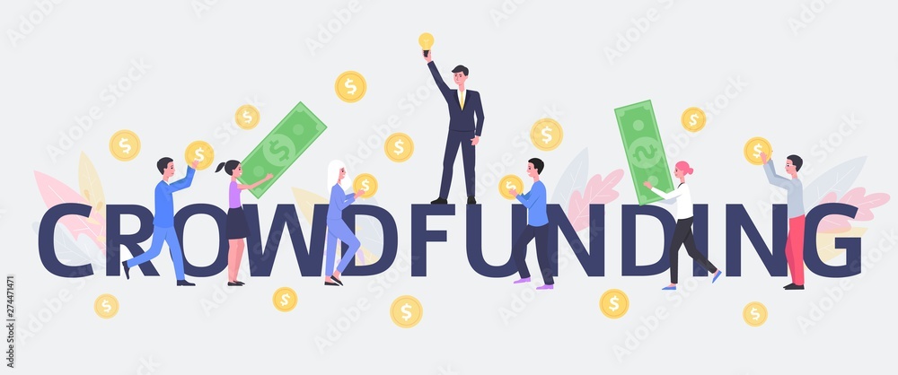 Crowdfunding project - cartoon people crowd raising money and holding ...