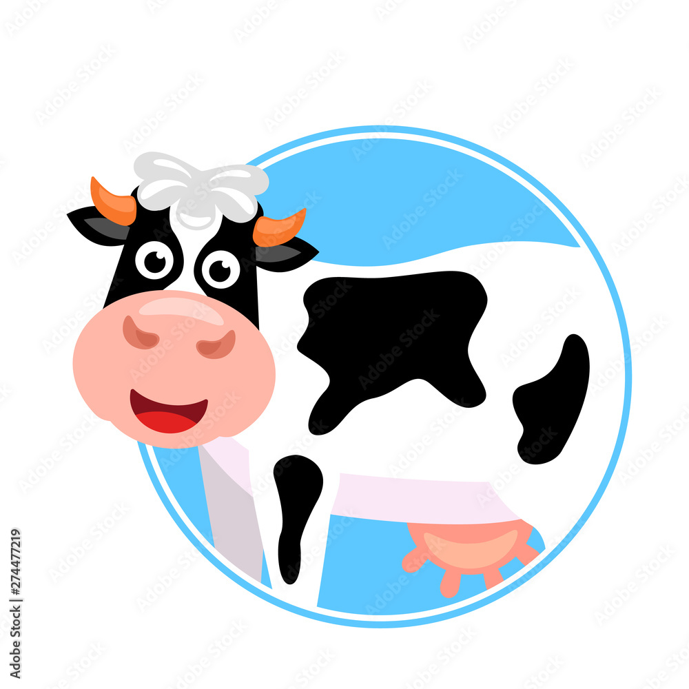 Cute cow with a pink udder in a round frame. label template for dairy ...