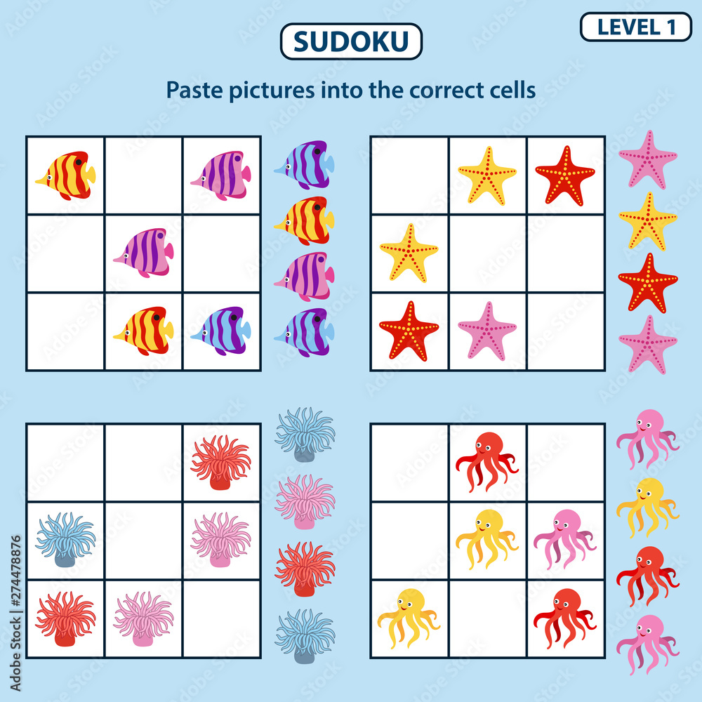 Set of logical tasks for children on the sea animals and fish theme ...