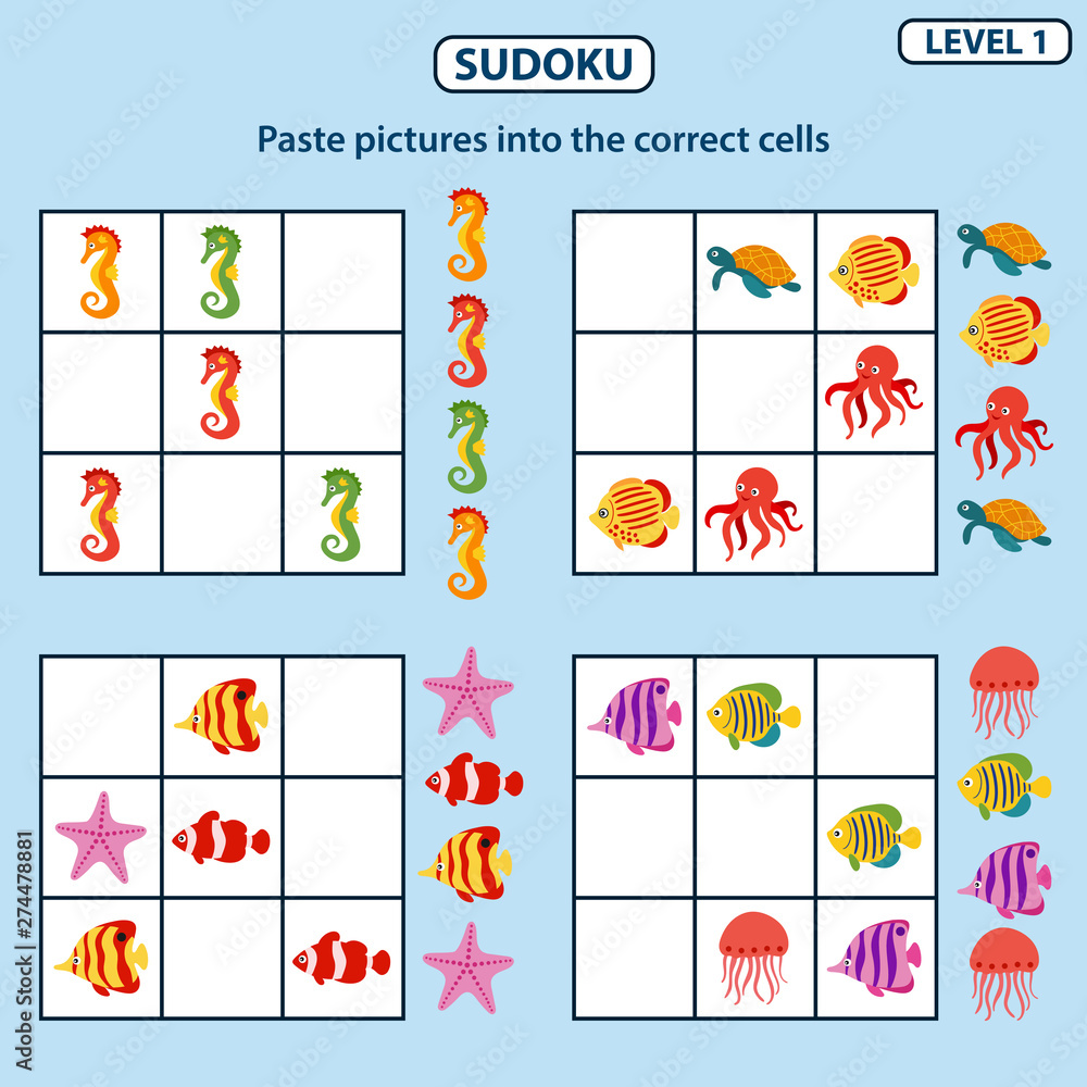 Set of logical tasks for children on the sea animals and fish theme ...